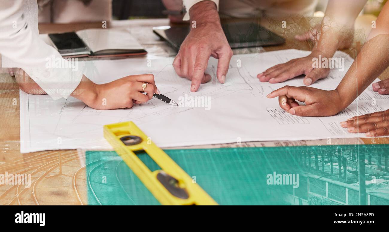 Hands, blueprint and architecture with a design team planning on a ...