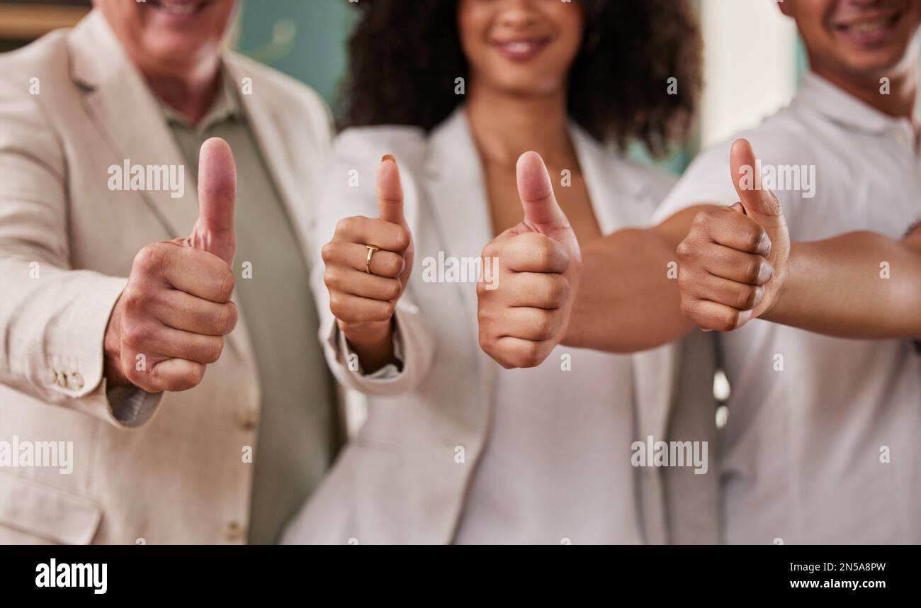 Business people, hands and thumbs up for winning, team or agreement in ...