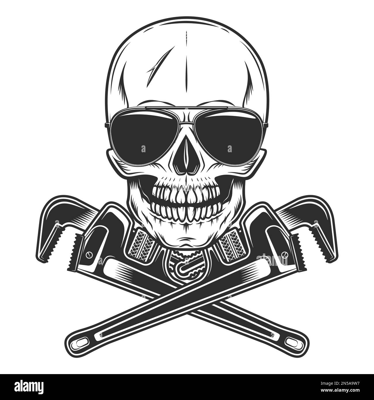 Skull with construction plumbing wrench spanner tools and sunglasses ...