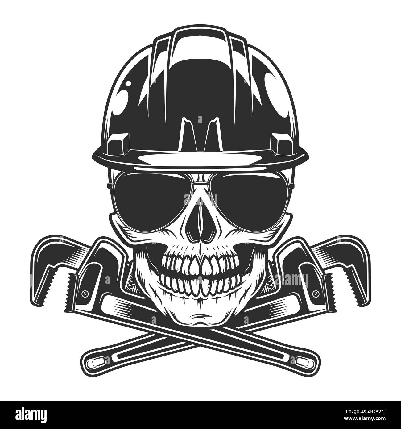 Skull in hardhat buider helmet with construction plumbing wrench ...