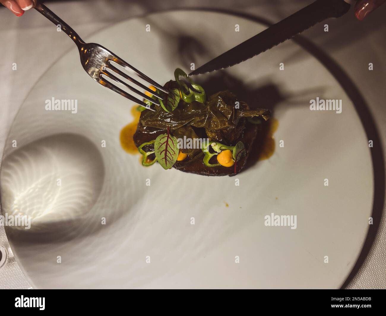 Top down view of a plate of gourmet food Stock Photo - Alamy