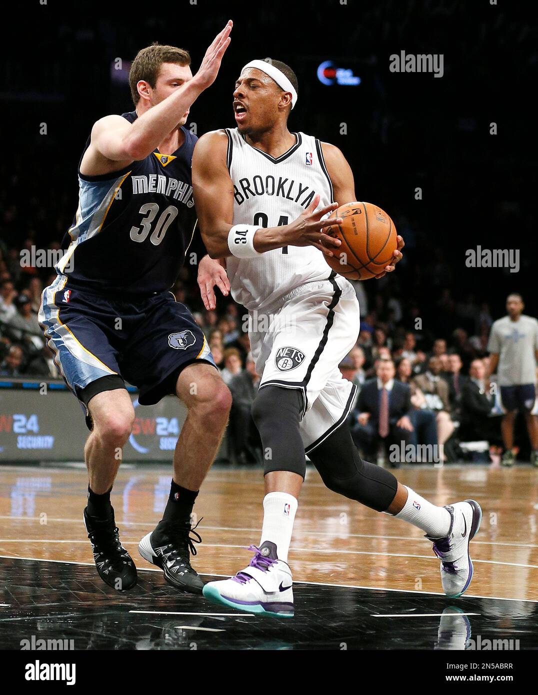 Brooklyn Nets forward Paul Pierce (34) drives on Memphis Grizzlies ...