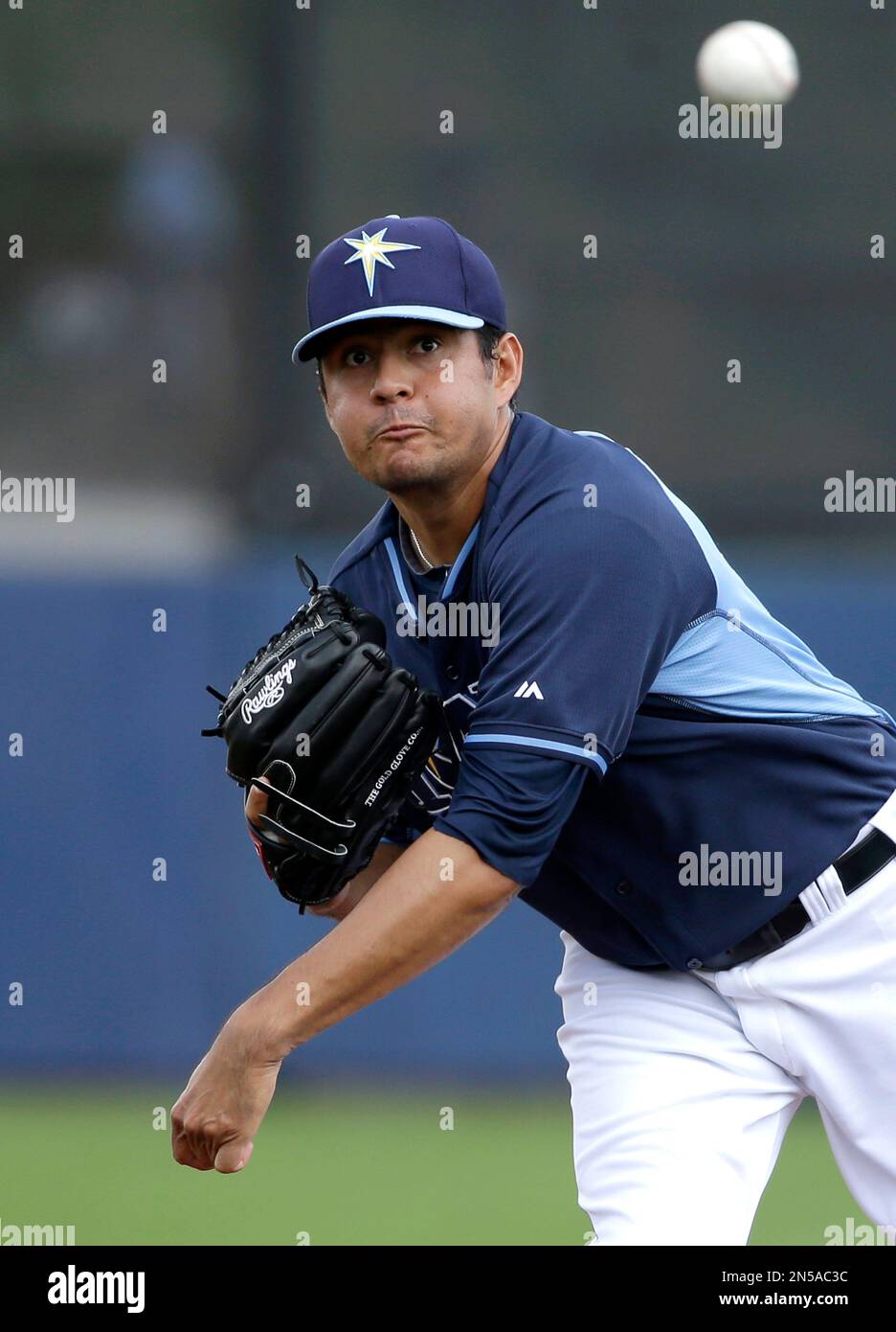 Tampa Bay Rays pitcher Cesar Ramos warms up in the first inning of an ...