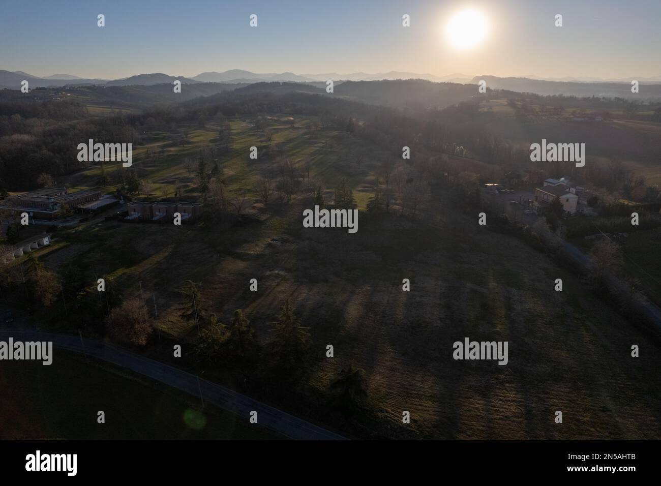 Aerial view of sunset time in hilly landscape in winter in Castell ...