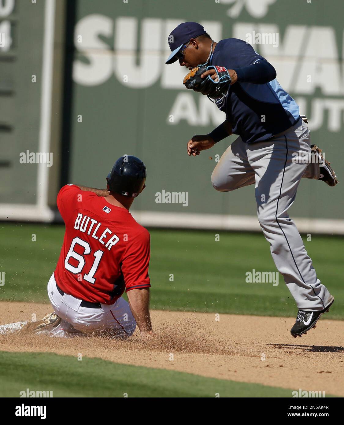 Boston Red Sox's Dan Butler, left, left, slides out at second base as ...