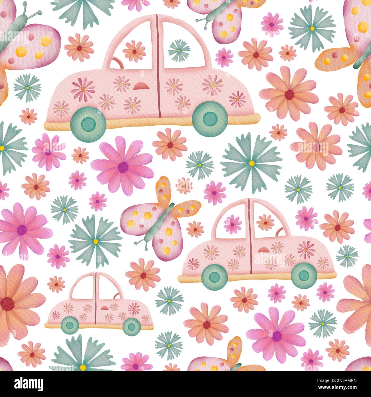 Cars, butterflies and flowers retro watercolor illustration seamless ...