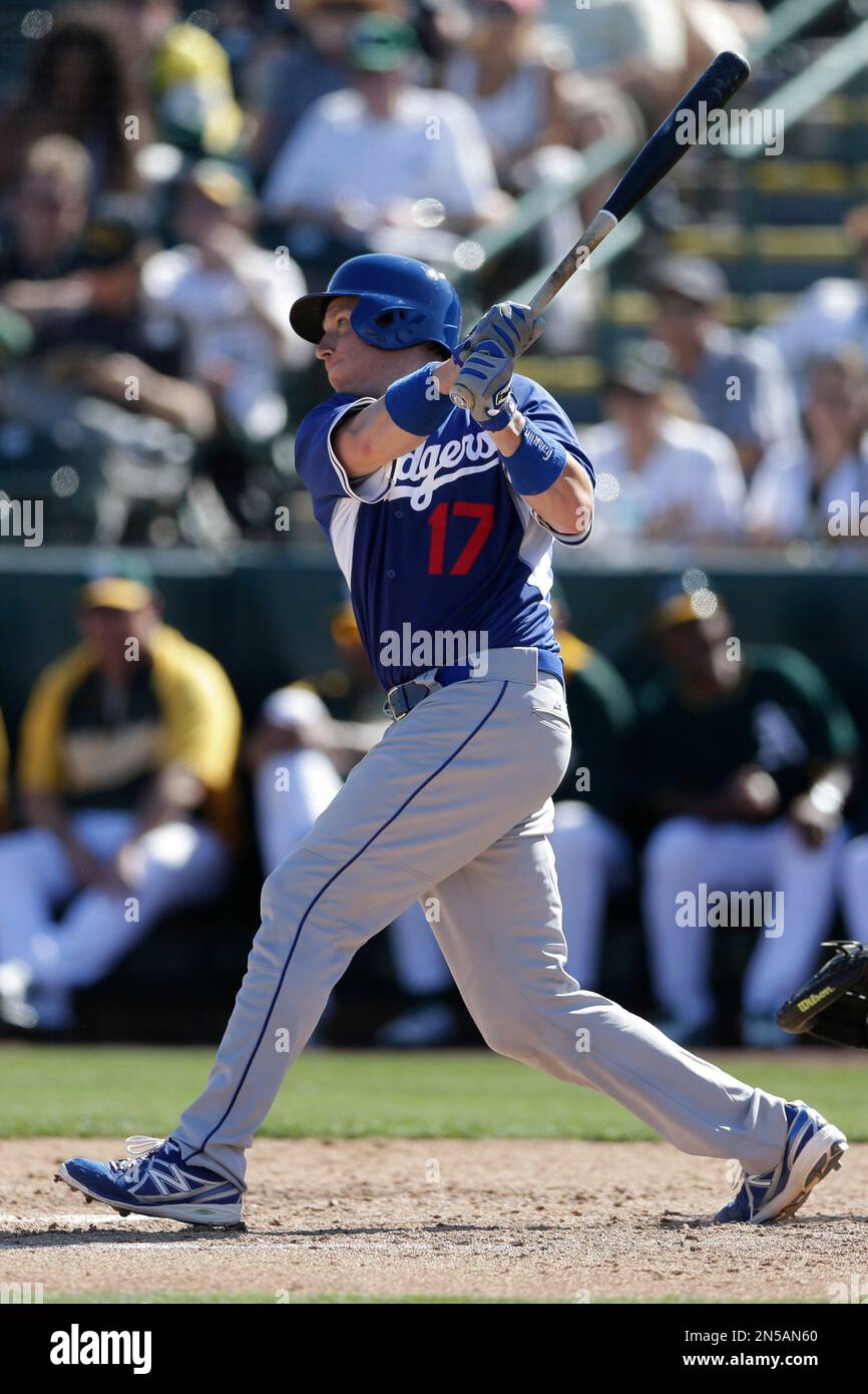 Los Angeles Dodgers' A.J. Ellis hits a fly ball while batting against ...