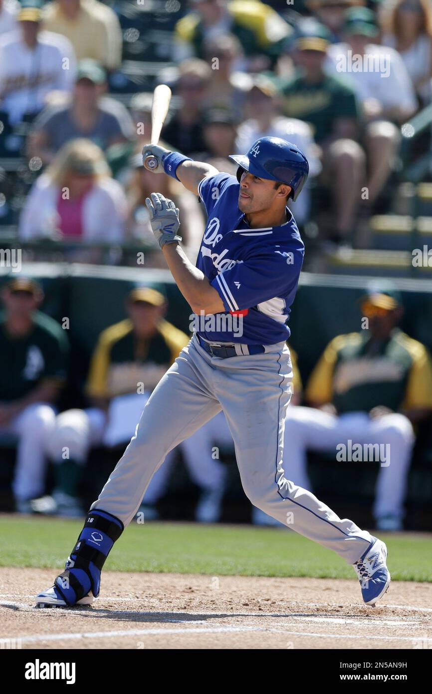 Los Angeles Dodgers' Andre Ethier hits a single while batting against the Oakland Athletics ...