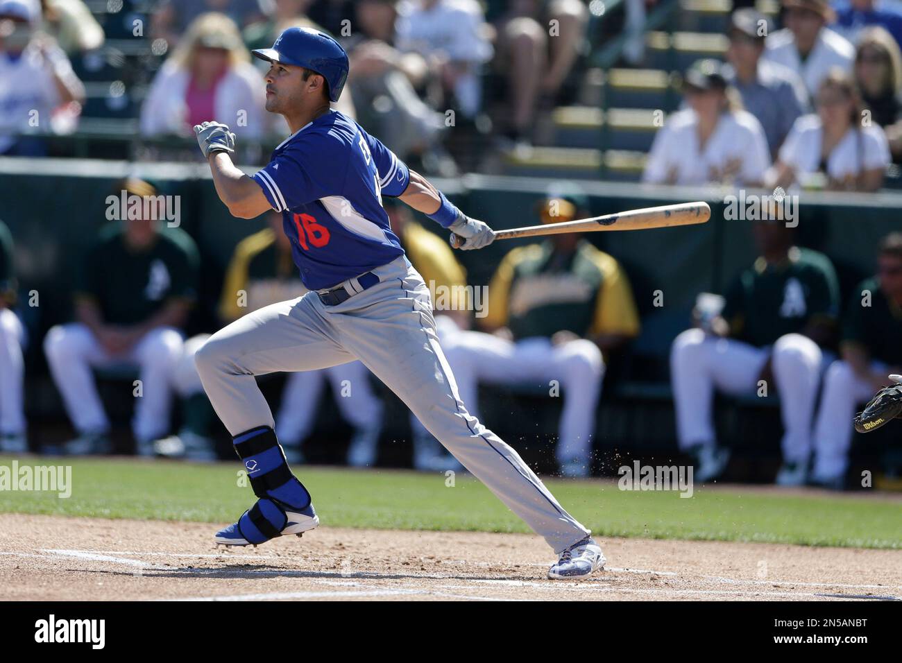 Los Angeles Dodgers' Andre Ethier hits a single while batting against the Oakland Athletics ...