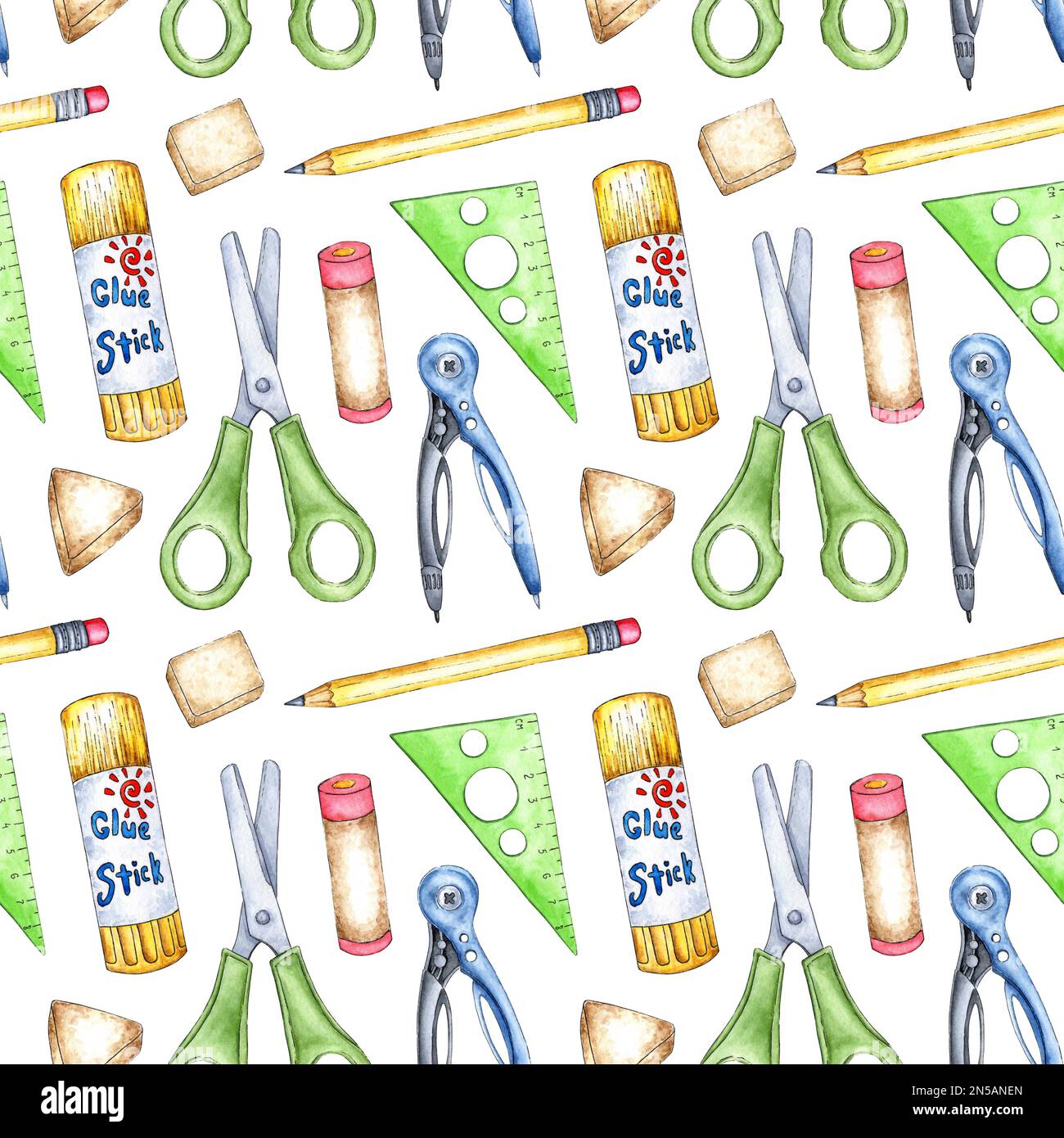 Watercolor drawing pattern of a simple pencil, glue, scissors, compass ...
