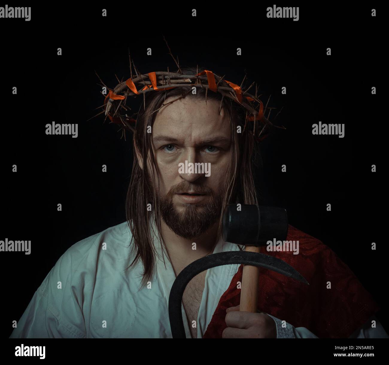 Jesus Christ wearing a crown of thorns and white chiton toga mantle ...