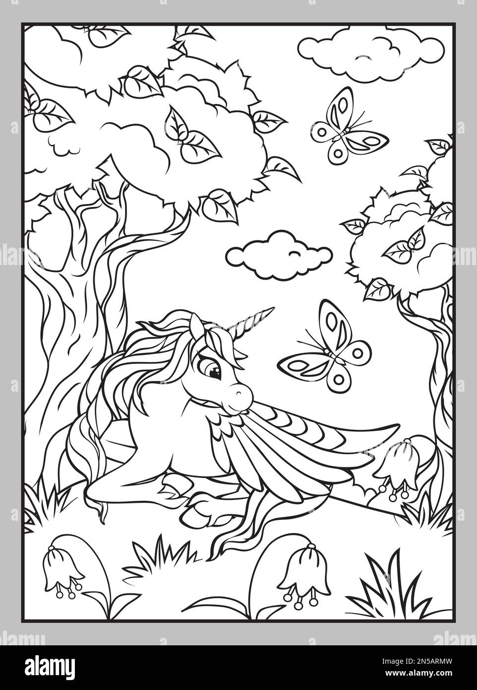 Cute unicorn with a butterfly on a summer lawn. Coloring page Stock ...