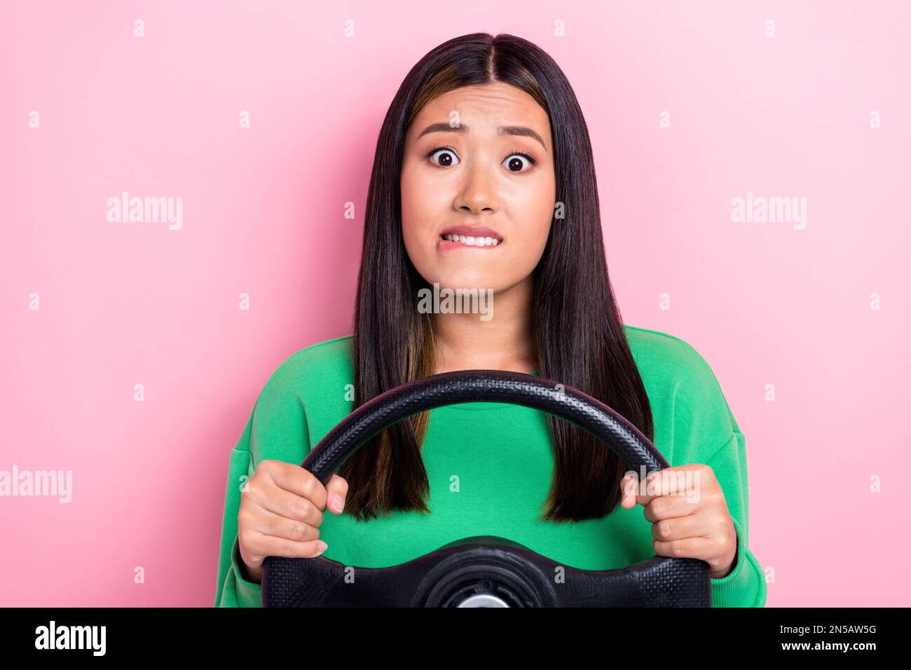 Closeup photo portrait of young nervous excited japanese girl play ...