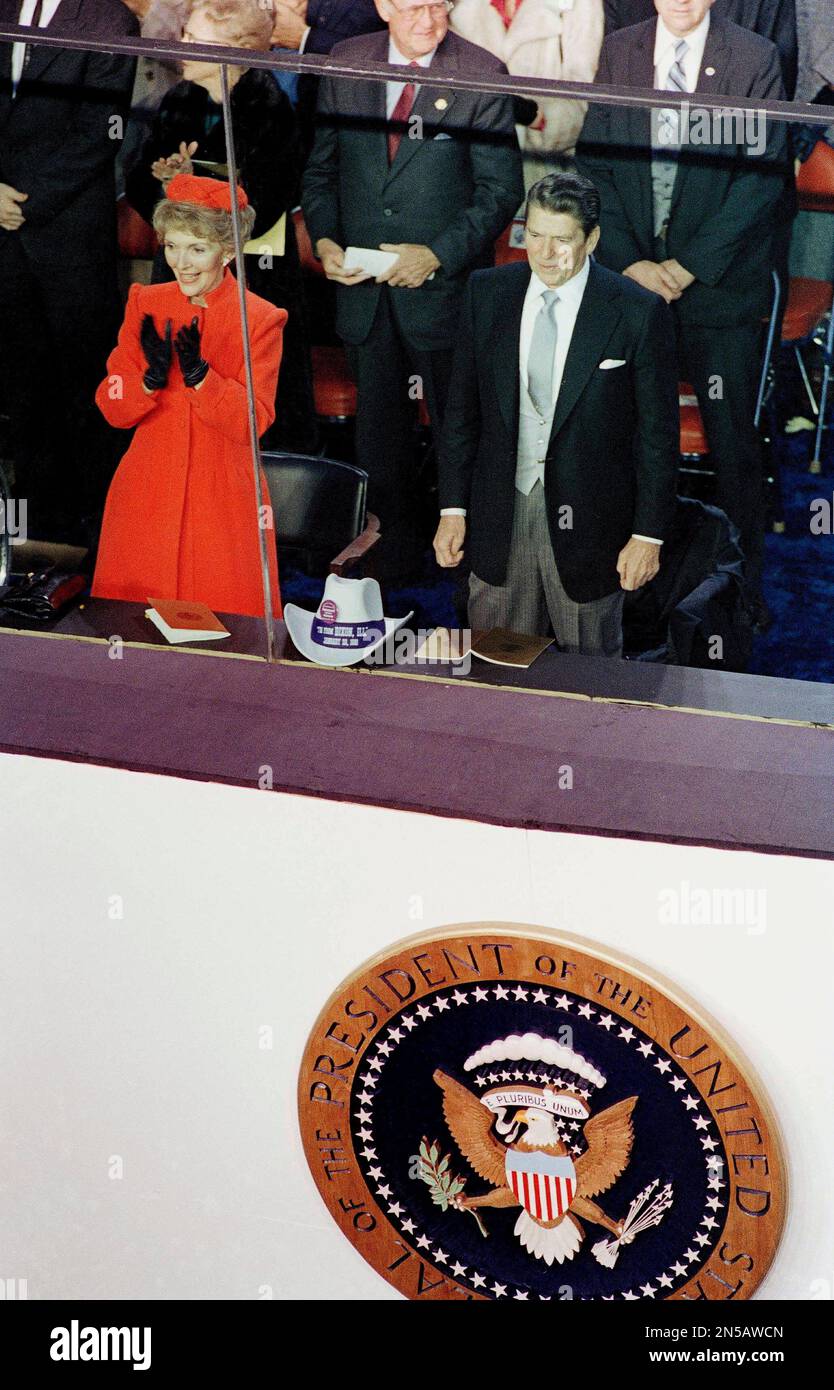 President Ronald Reagan and first lady Nancy Reagan stand on the ...