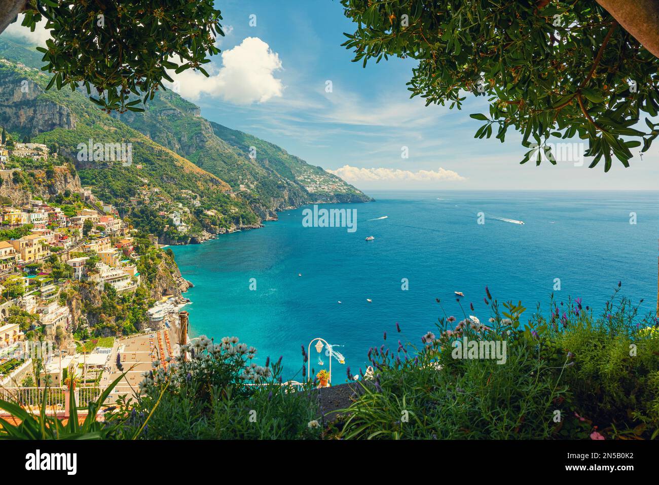 View on Italian coastal town Positano on Amalfi coast from terrace with ...