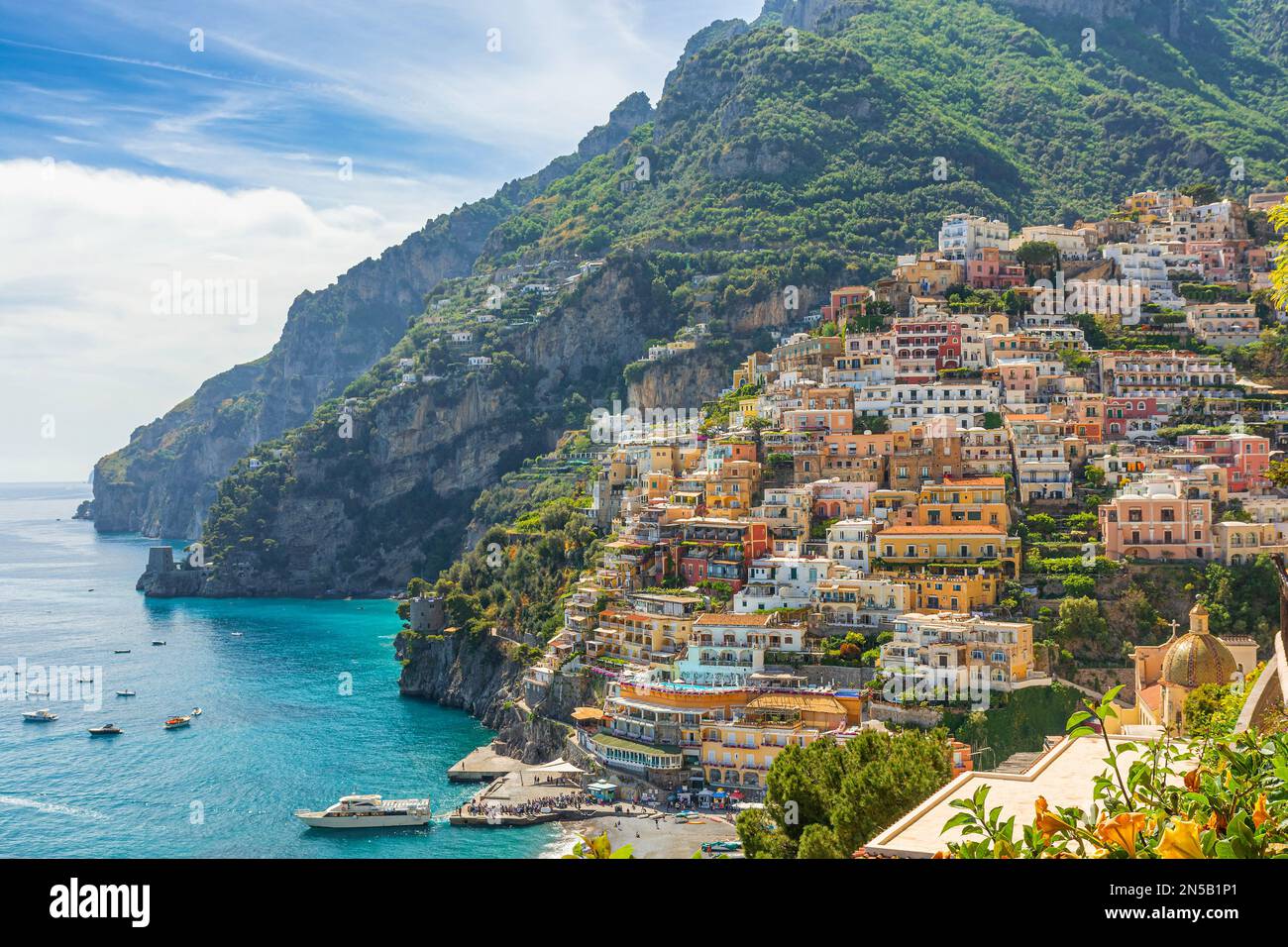 View of Positano town on Amalfi Coast in Campania, Italy with sandy ...