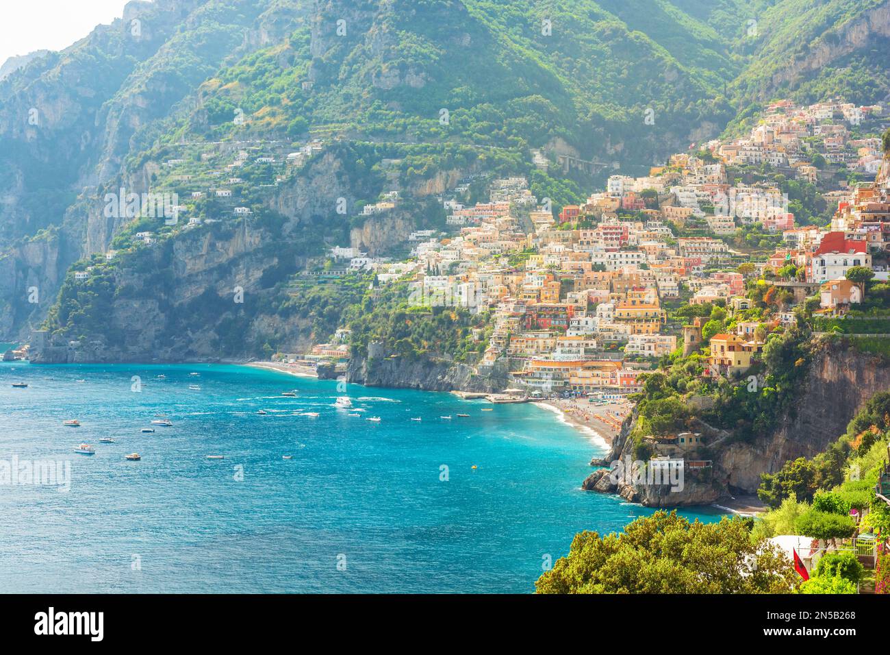 Beautiful view of Positano town on Amalfi Coast in Campania, Italy with ...