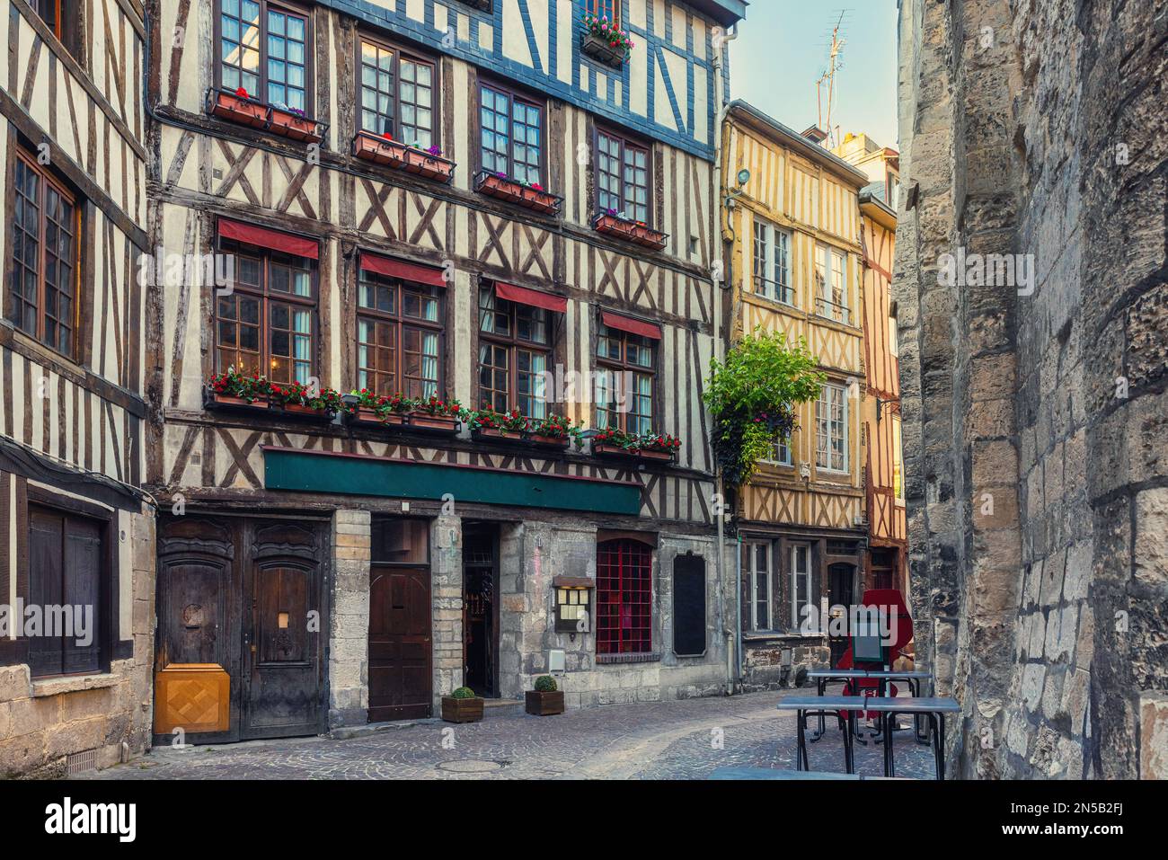 Old cozy street with timber framing houses in Rouen, Normandy, France ...
