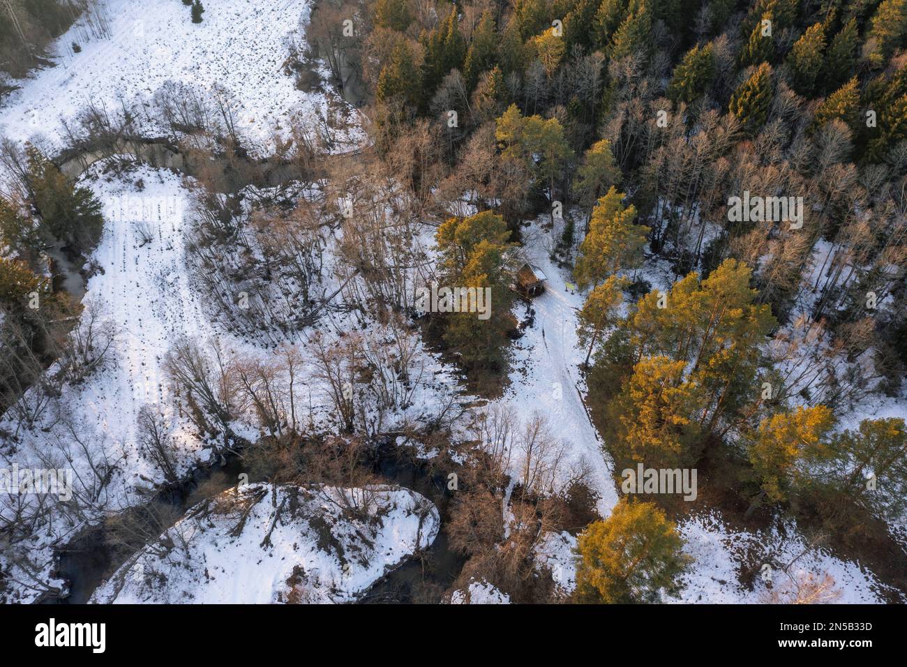 Aerial view from drone of snowy pines in Europe, bird’s eye scenery ...