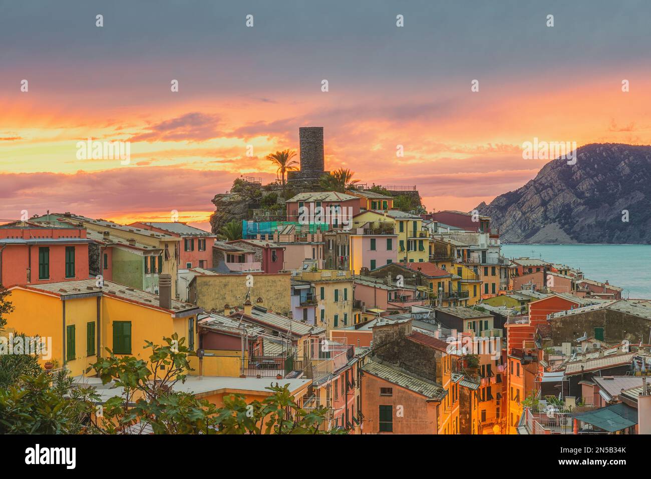 Vernazza village in Cinque terre, Liguria, Italy, Sunset cityscape on old town with colorful ...