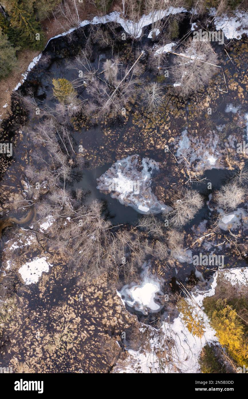 Flooded river valley in early spring. Countryside nature aerial ...