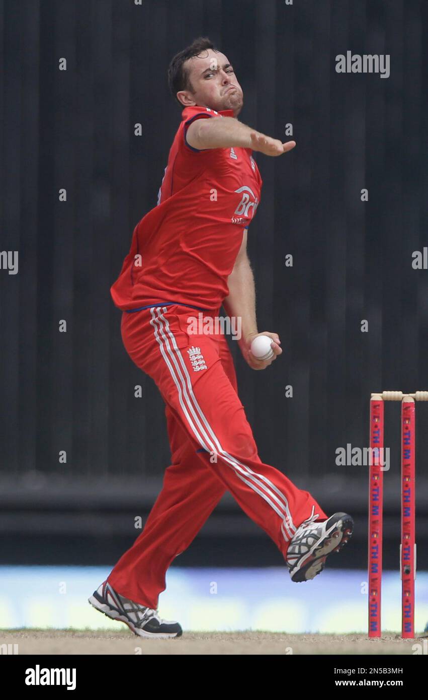 In this Sunday, March 2, 2014 photo, England's Stephen Parry bowls ...