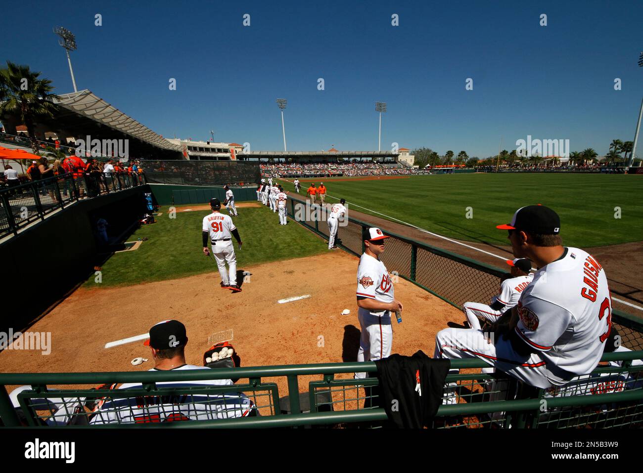 Baltimore Orioles' Kevin Gausman sits on the railing of the bullpen at ...