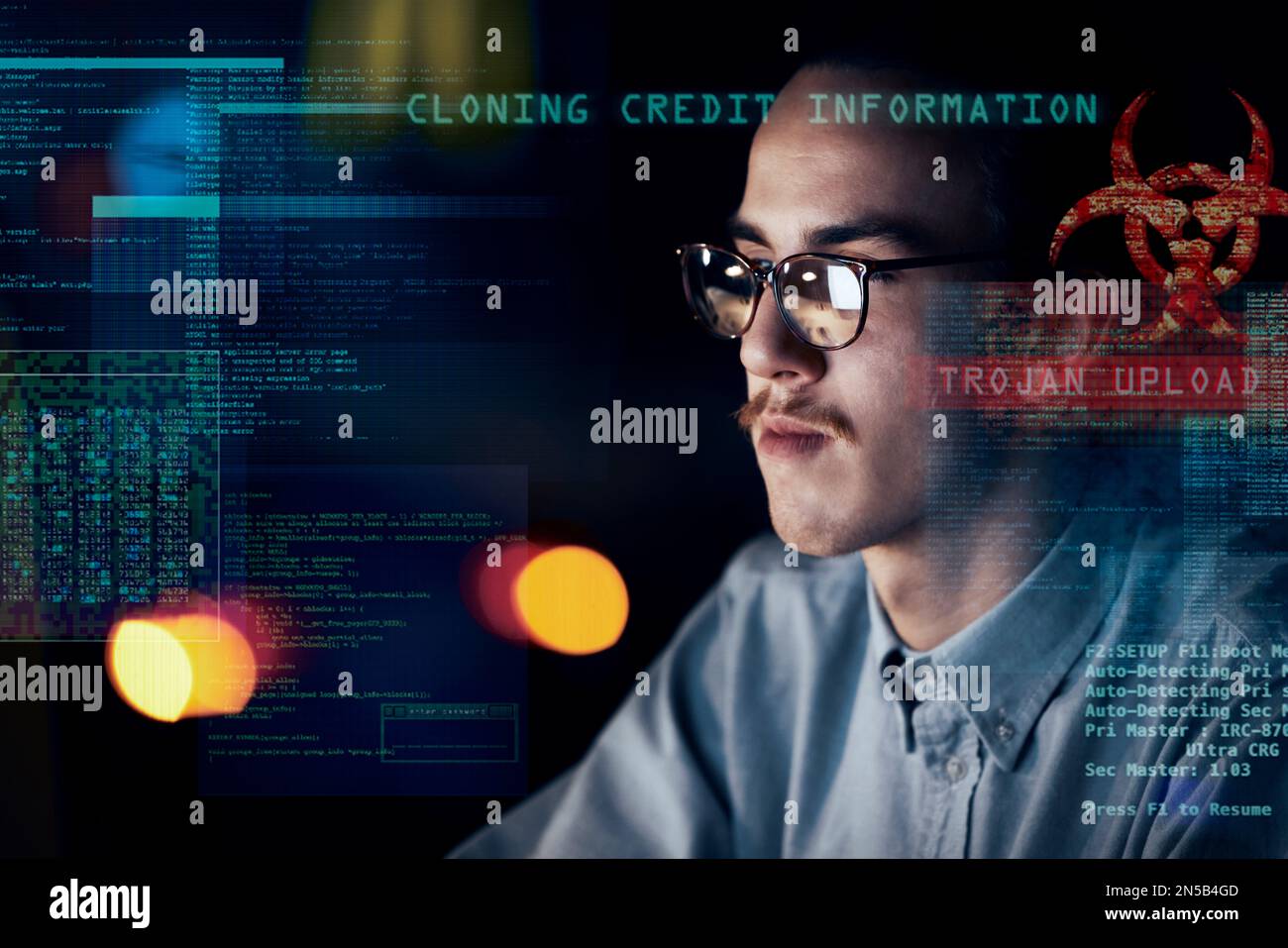 Cyber security, hacker and night with man and coding for software ...