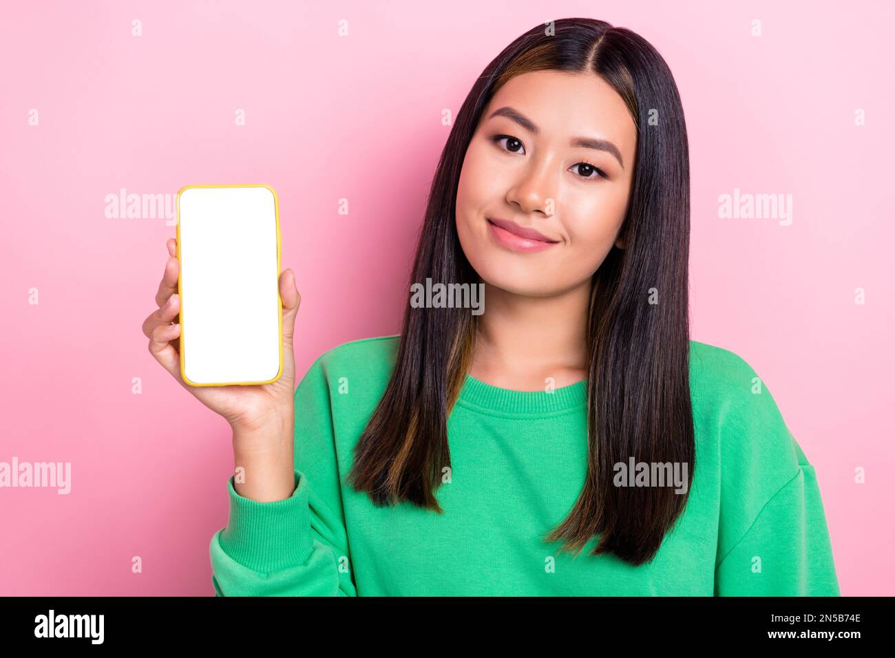 Photo of cute pretty charming japanese influencer blogger lady hold ...