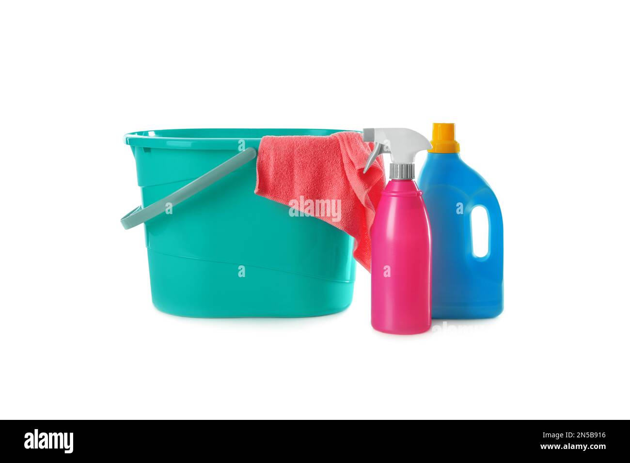 Plastic bucket with rag and cleaning products on white background Stock ...