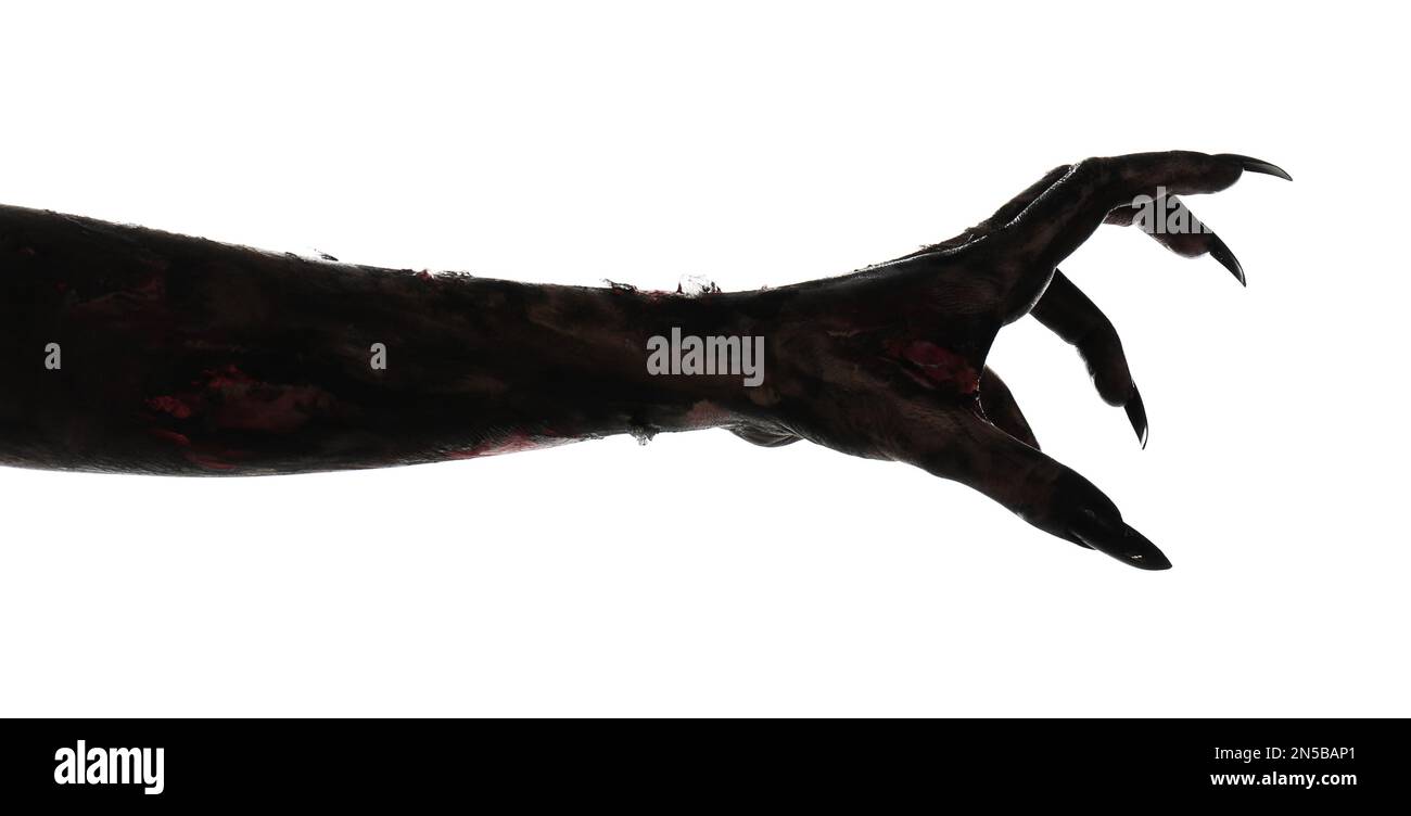 Scary monster on white background, closeup of hand. Halloween character ...