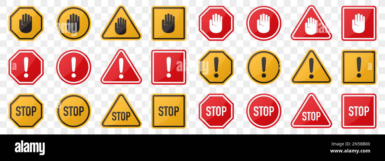 Stop sign collection. Set of hazard warning attention sign. Vector ...