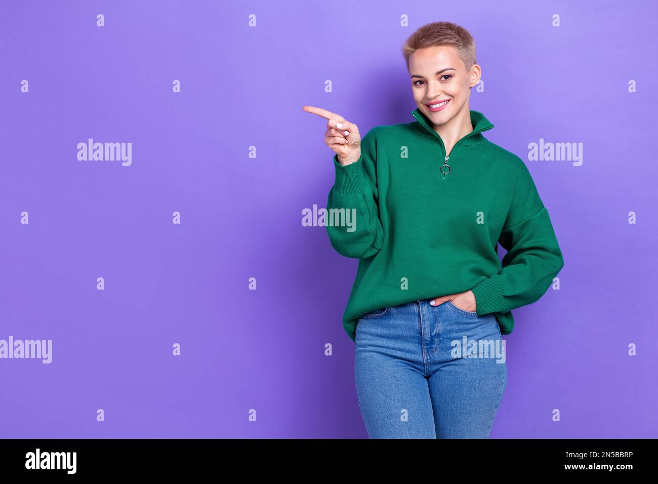 Photo of young satisfied optimist good mood girl wear green zip jacket ...