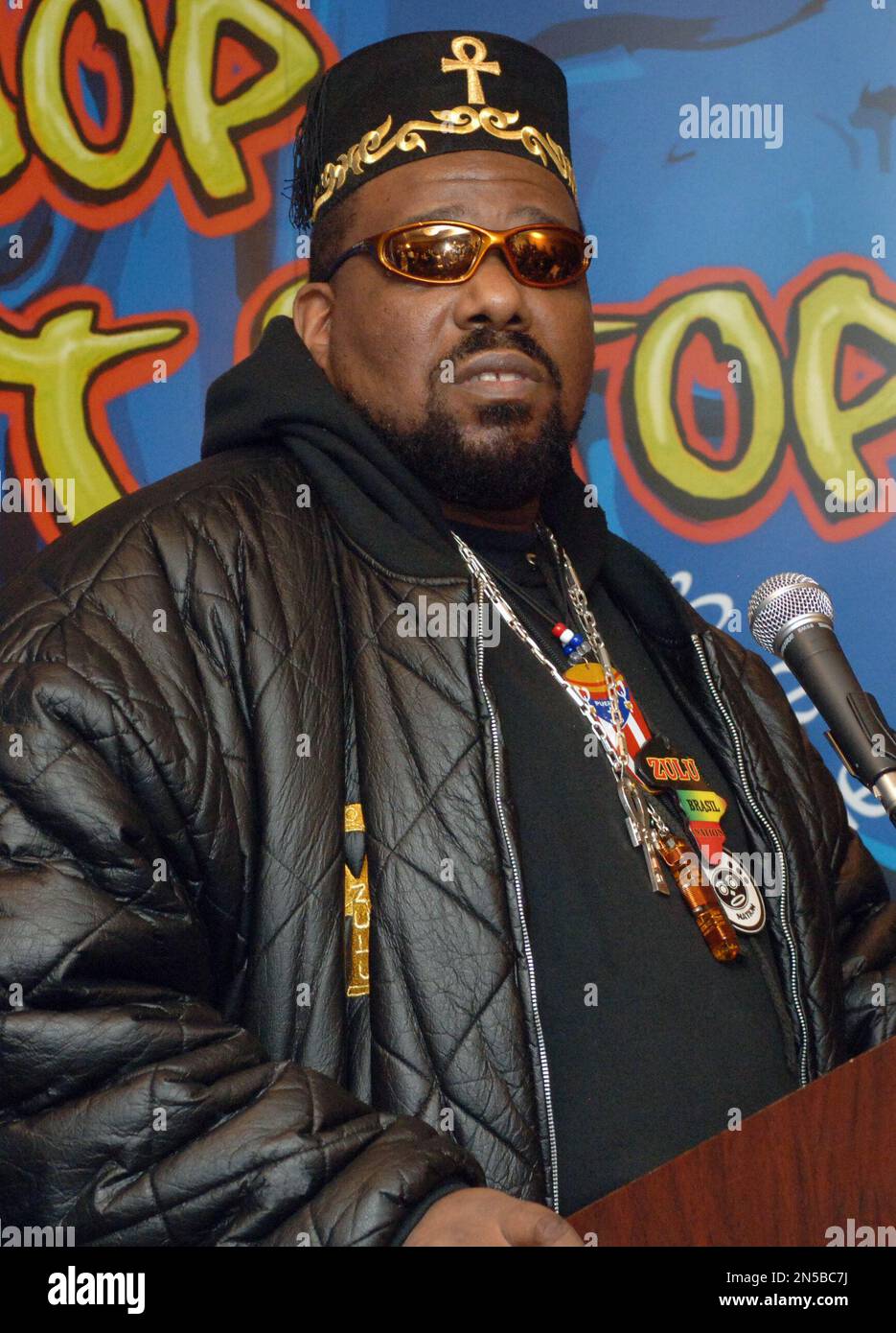 FILE - In this Feb. 28, 2006 file photo, Afrika Bambaataa speaks at the ...