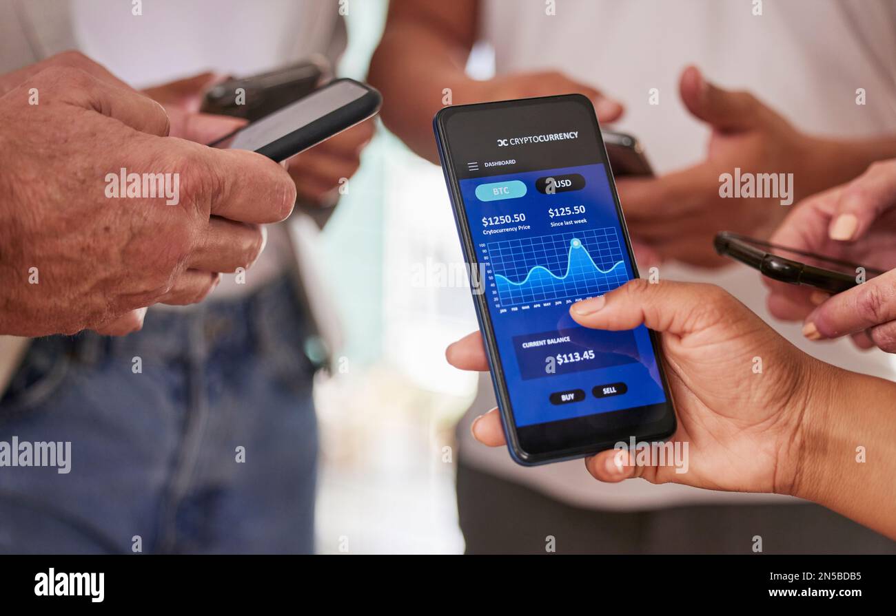 Phone screen, cryptocurrency and trading with people hands, fintech and ...