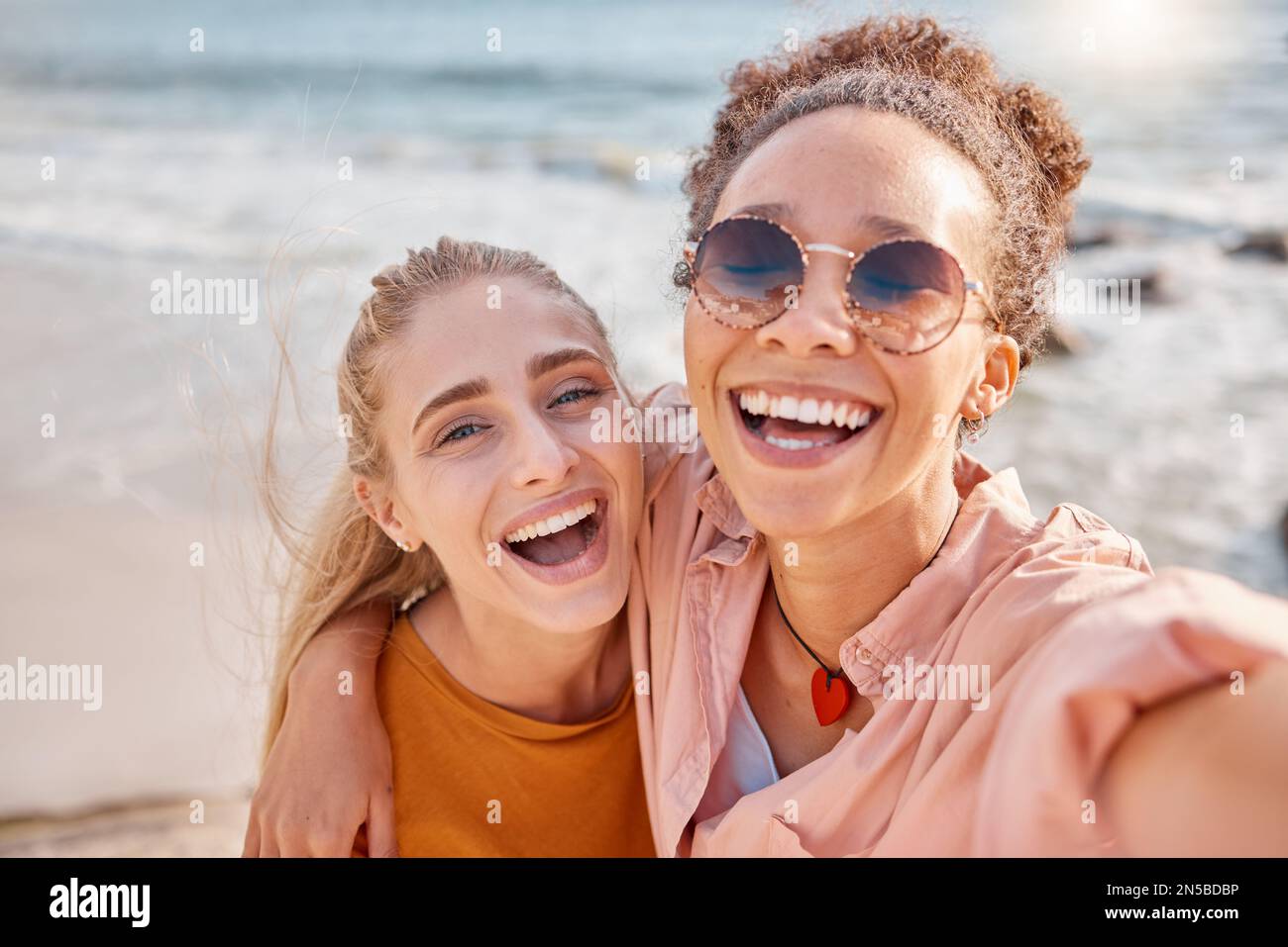Beach Selfie And Portrait Of Women On Summer Vacation Or Trip Happy And Smile On Mockup