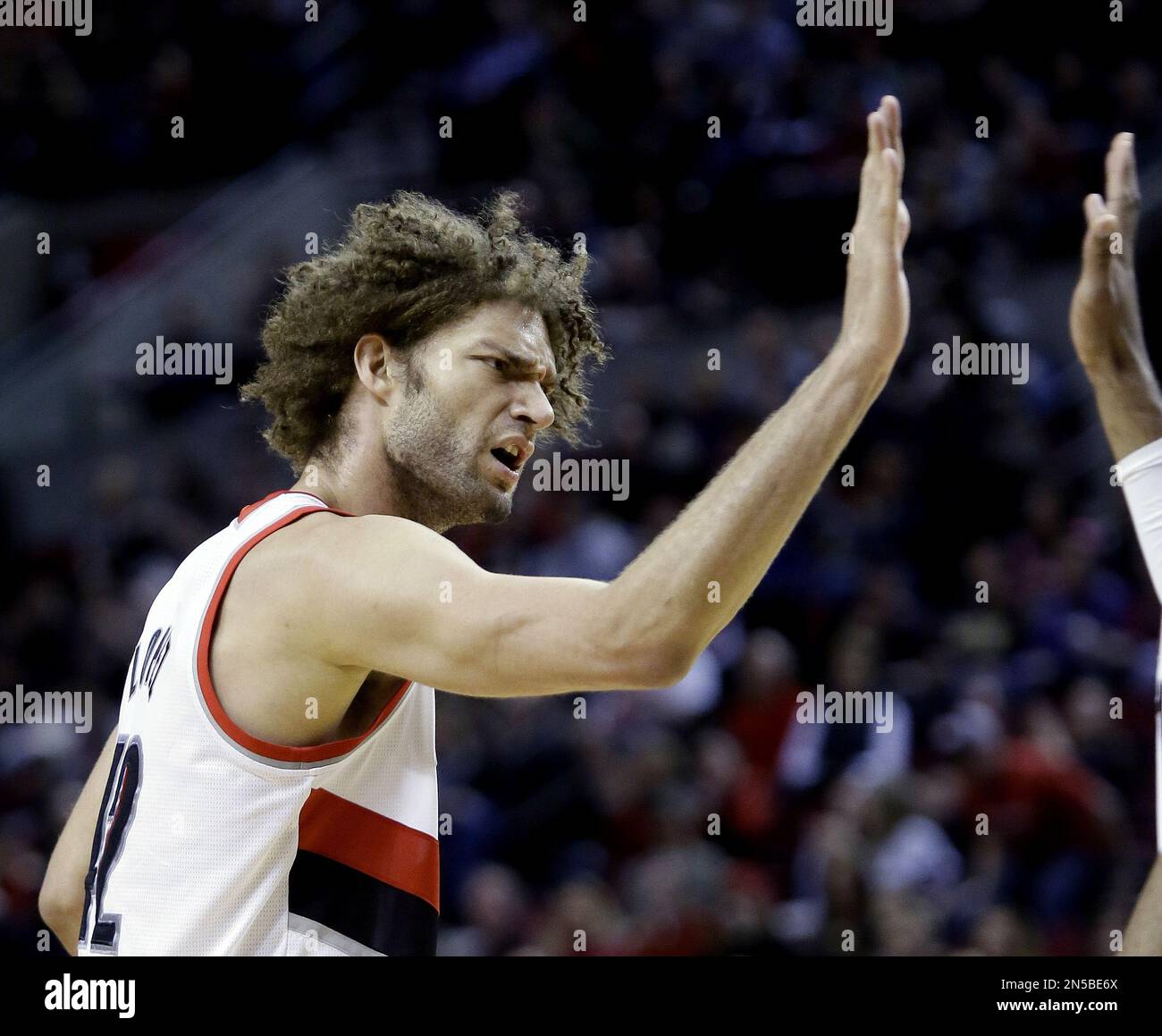 Portland Trail Blazers center Robin Lopez celebrates scoring during the ...