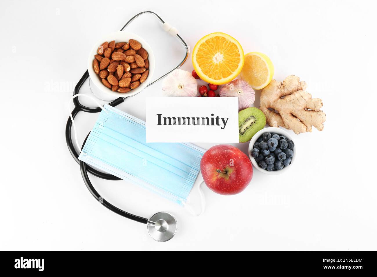 Set of natural products, stethoscope, face mask and card with word ...