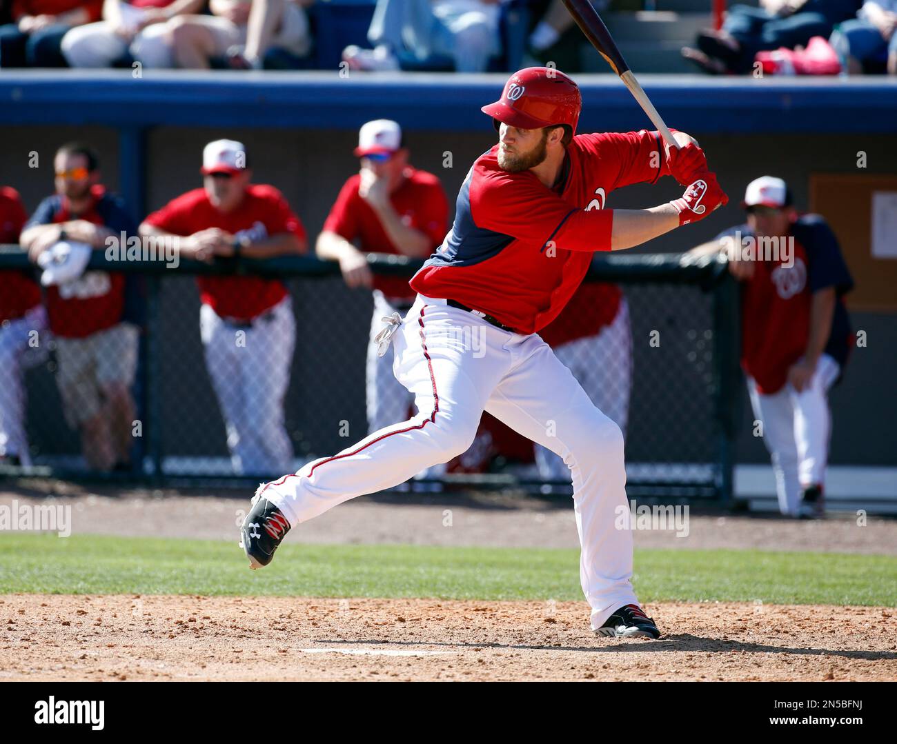 Washington Nationals left fielder Bryce Harper (34) hits in a spring ...