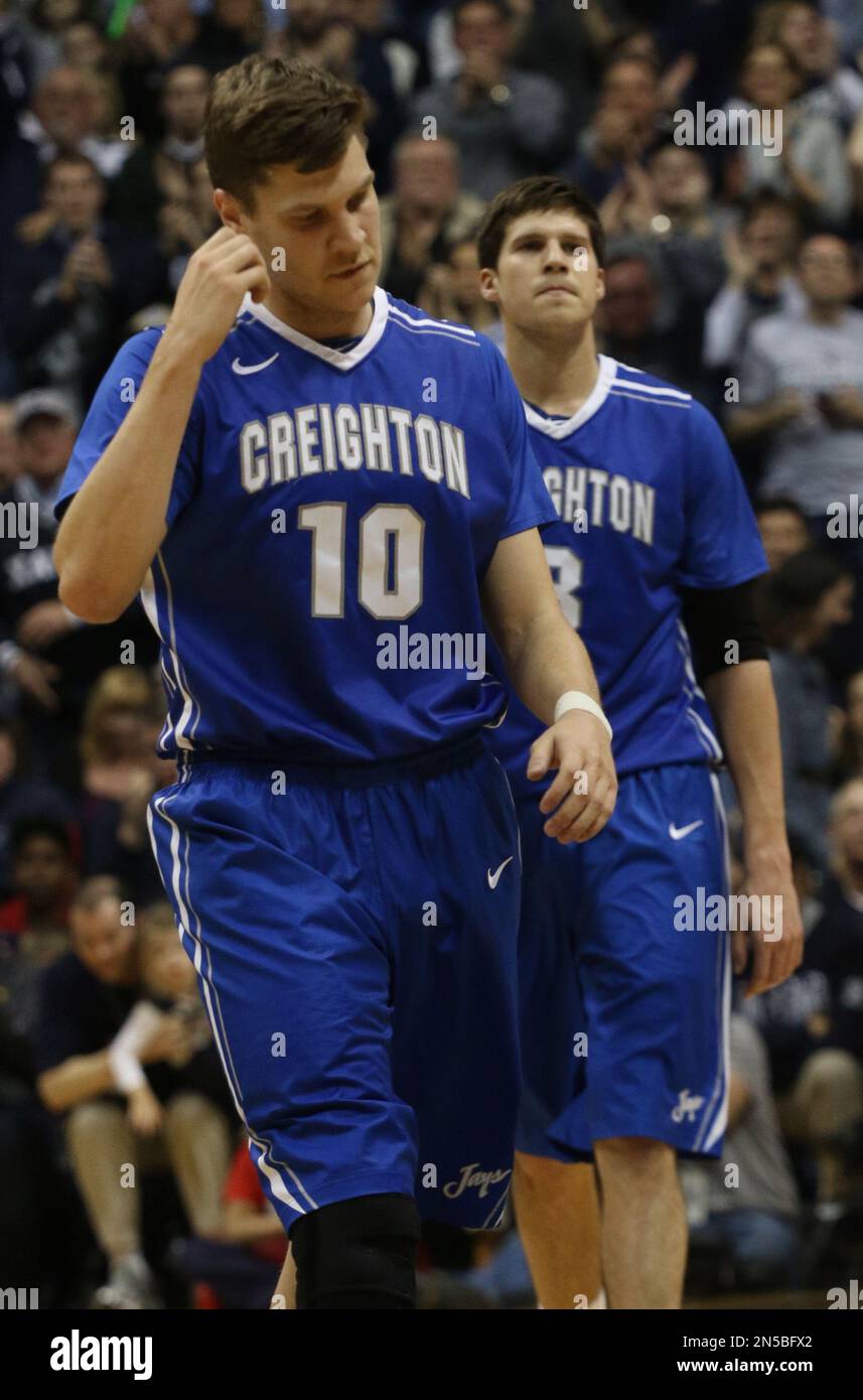 Creighton's Grant Gibbs, left, and Doug McDermott react to a call as ...