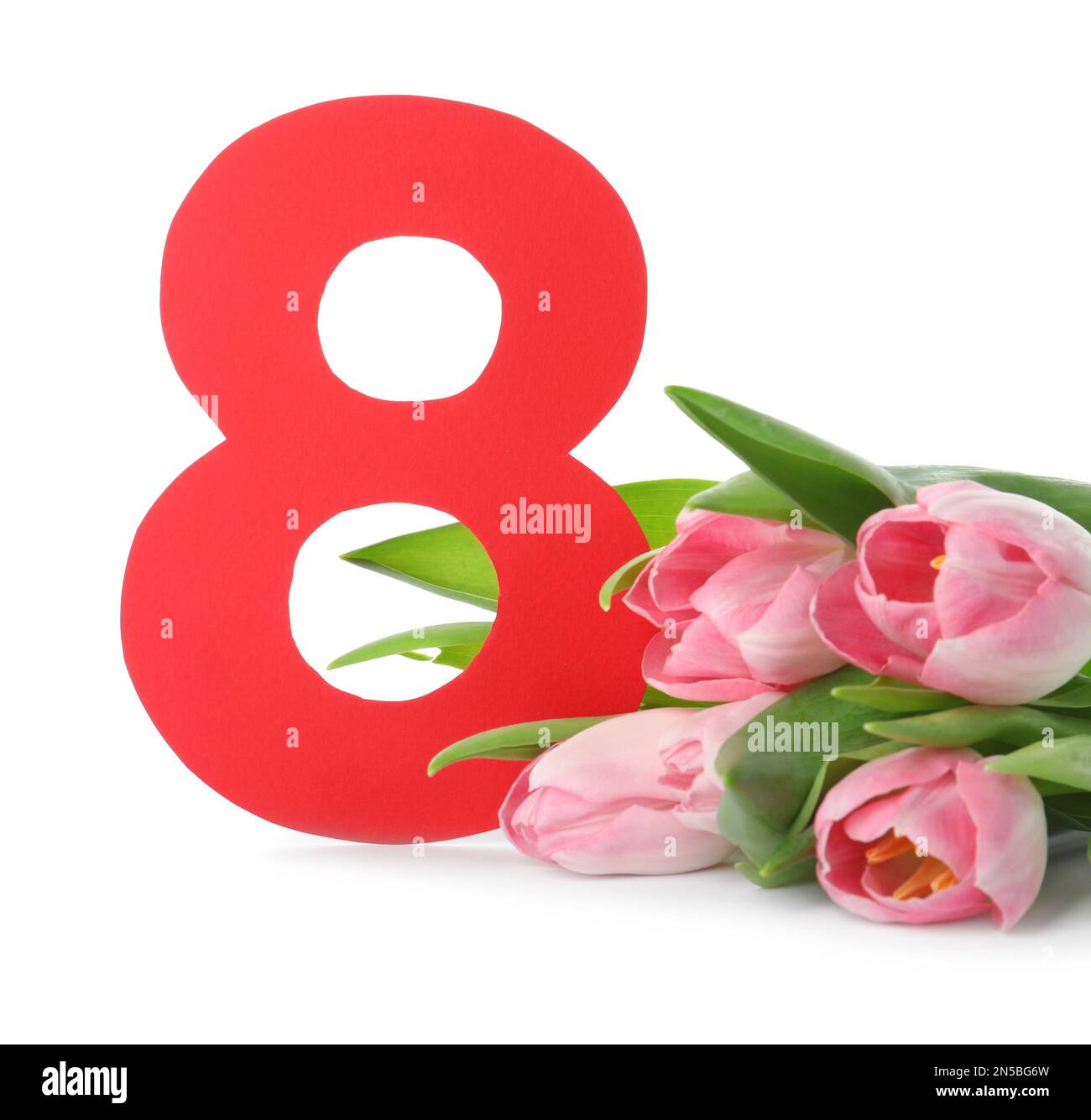 8 March card design with tulips on white background. International ...