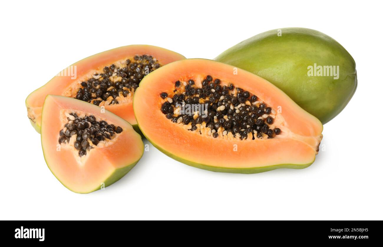 Fresh ripe papaya fruits on white background Stock Photo - Alamy
