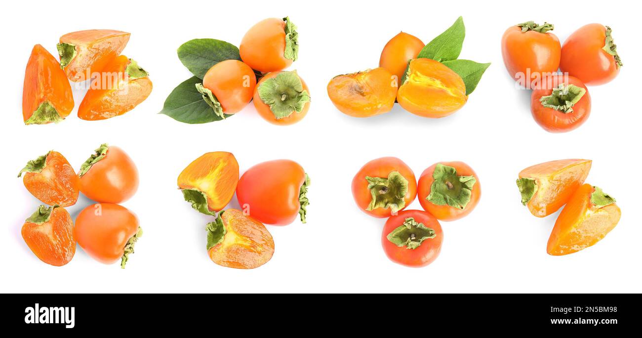 Set of delicious fresh ripe persimmons on white background, top view ...