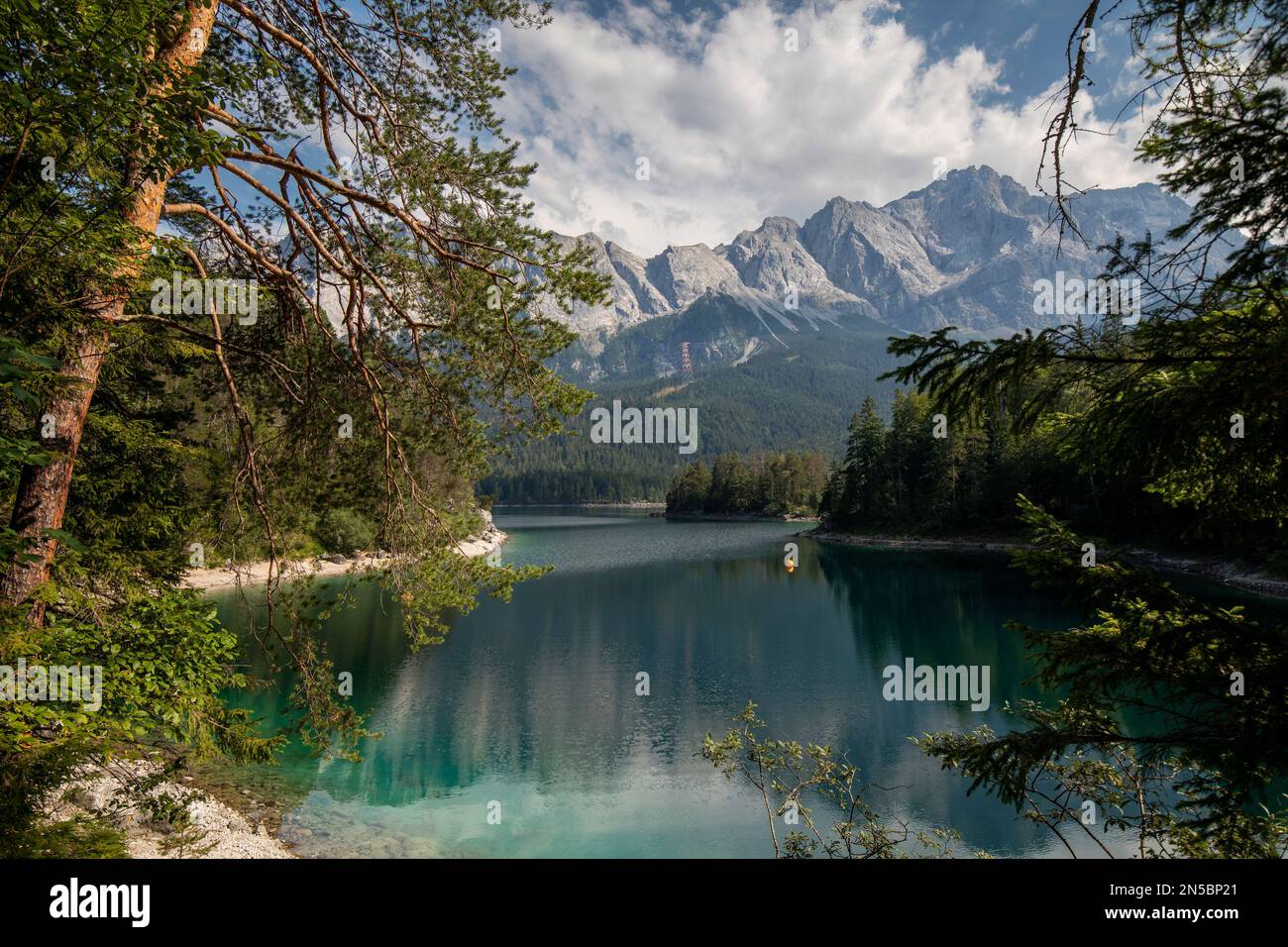 lake Eibsee with Sassen Island in front of Zugspitze Massif, Germany ...