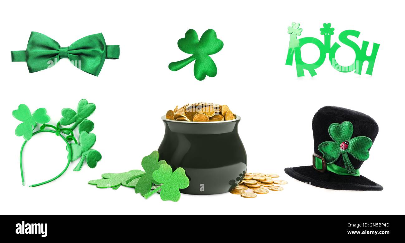Set with traditional items for St. Patrick's Day celebration on white ...