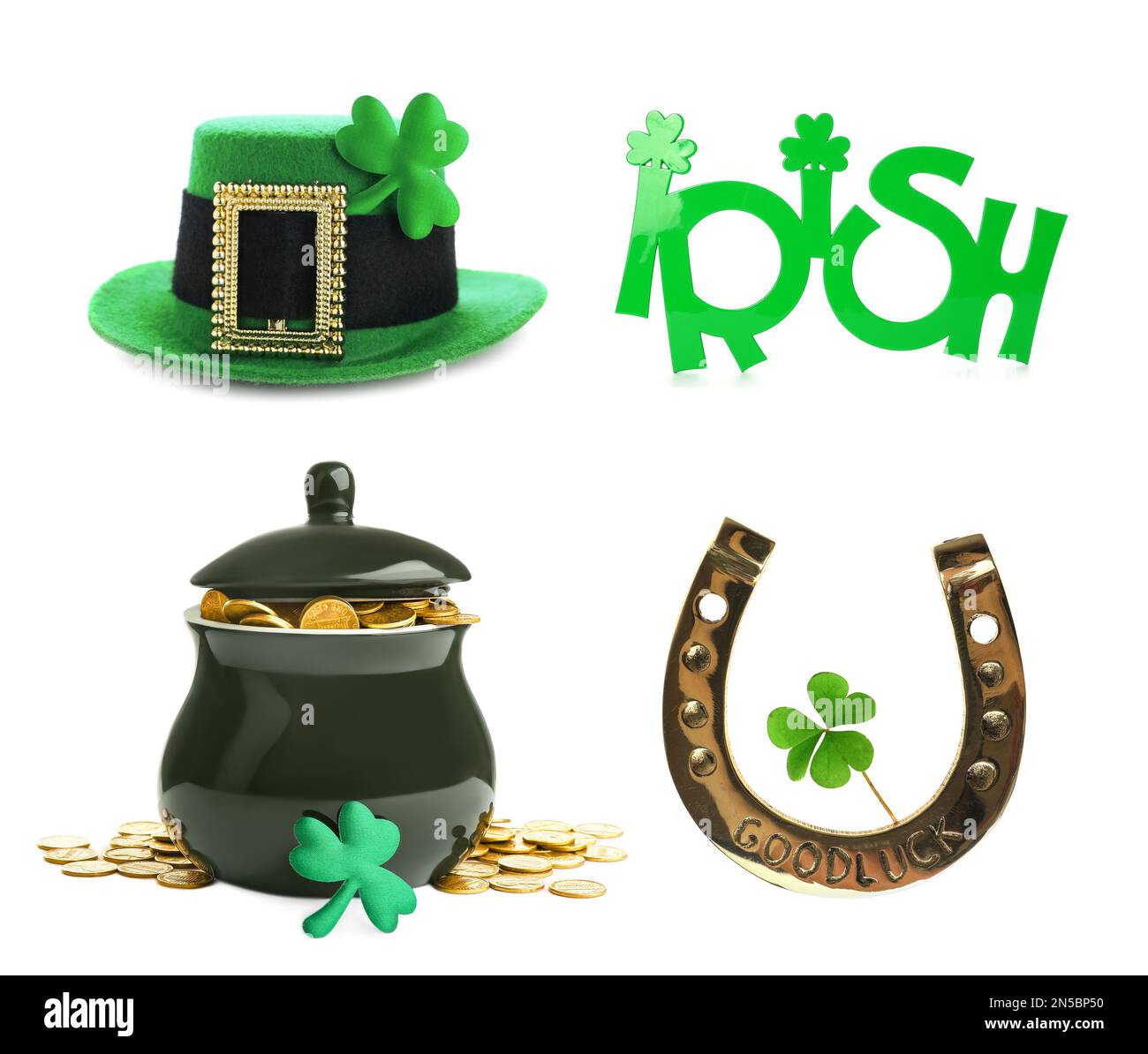 Set with traditional items for St. Patrick's Day celebration on white ...