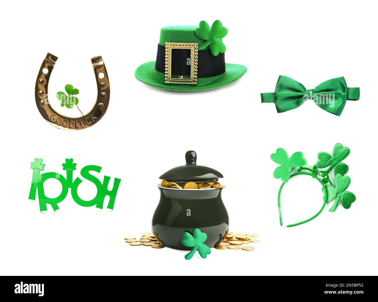 Set with traditional items for St. Patrick's Day celebration on white ...