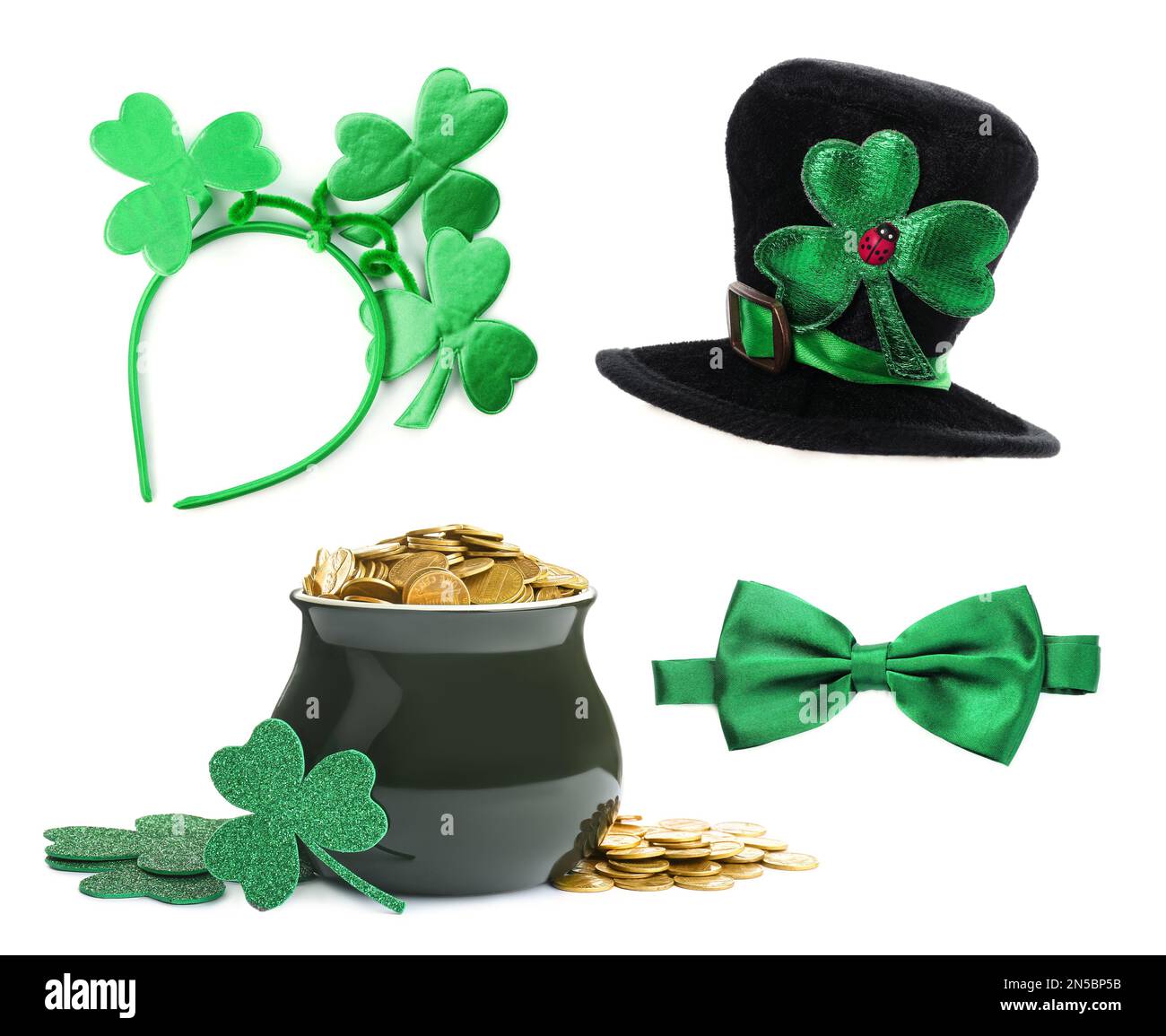 Set with traditional items for St. Patrick's Day celebration on white ...