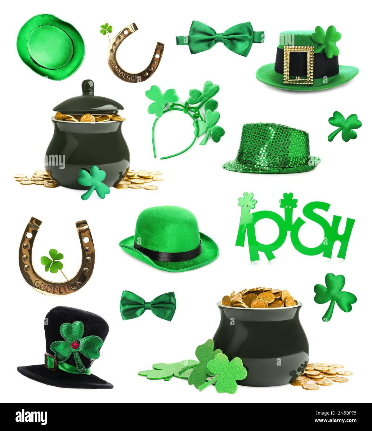 Set with traditional items for St. Patrick's Day celebration on white ...
