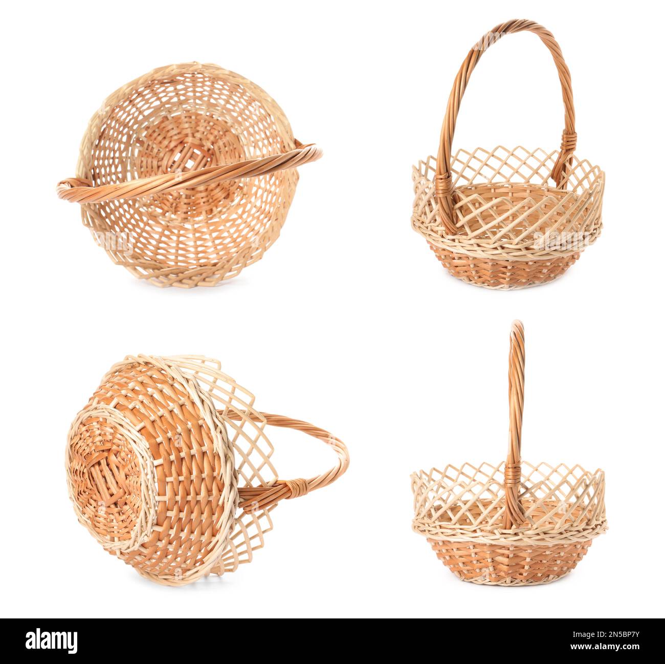 Set with empty wicker baskets on white background Stock Photo - Alamy